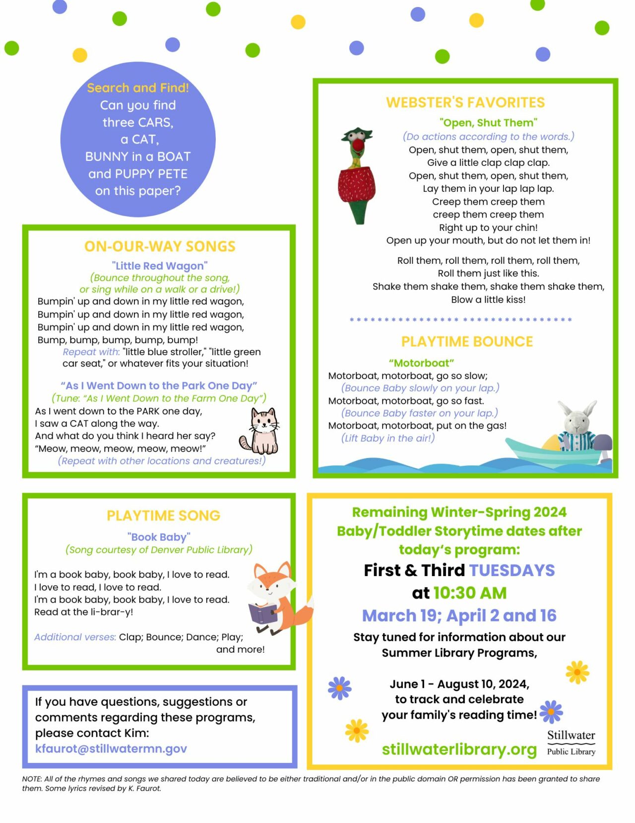 Baby & Toddler Storytime Songs & Rhymes: March 5 - Stillwater Public ...